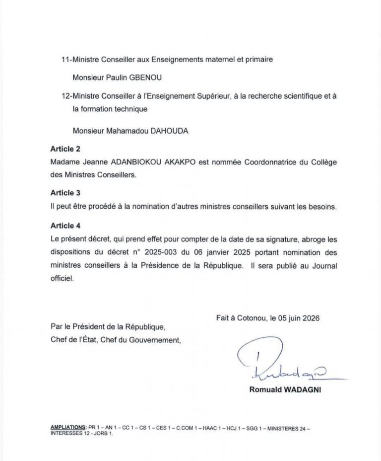 Bénin : voici les douze ministres conseillers nommés par décret ...